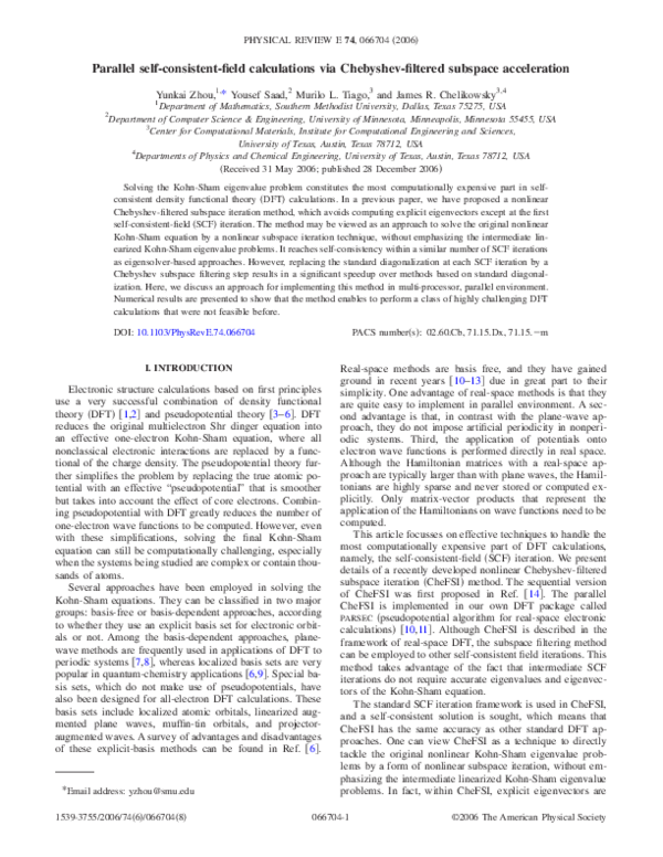 Pdf Parallel Self Consistent Field Calculations Via Chebyshev Filtered Subspace Acceleration