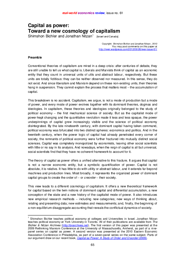 (PDF) Capital as Power: Toward a New Cosmology of Capitalism