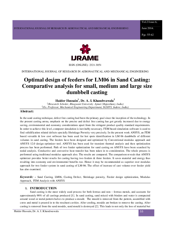 (PDF) Optimal design of feeders for LM06 in Sand Casting: Comparative ...