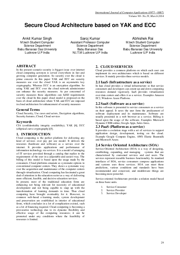 (PDF) Secure Cloud Architecture based on YAK and ECC