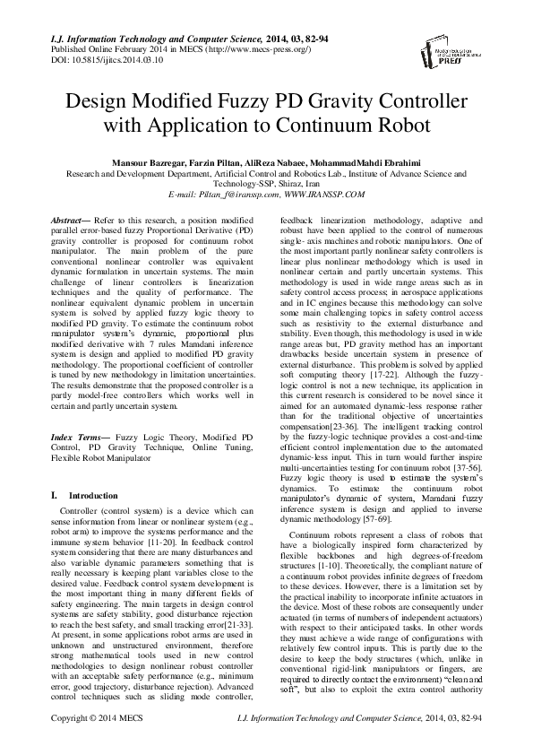 (PDF) Design Modified Fuzzy PD Gravity Controller with Application to Continuum Robot