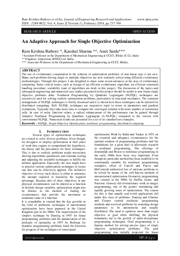 Pdf An Adaptive Approach For Single Objective Optimization