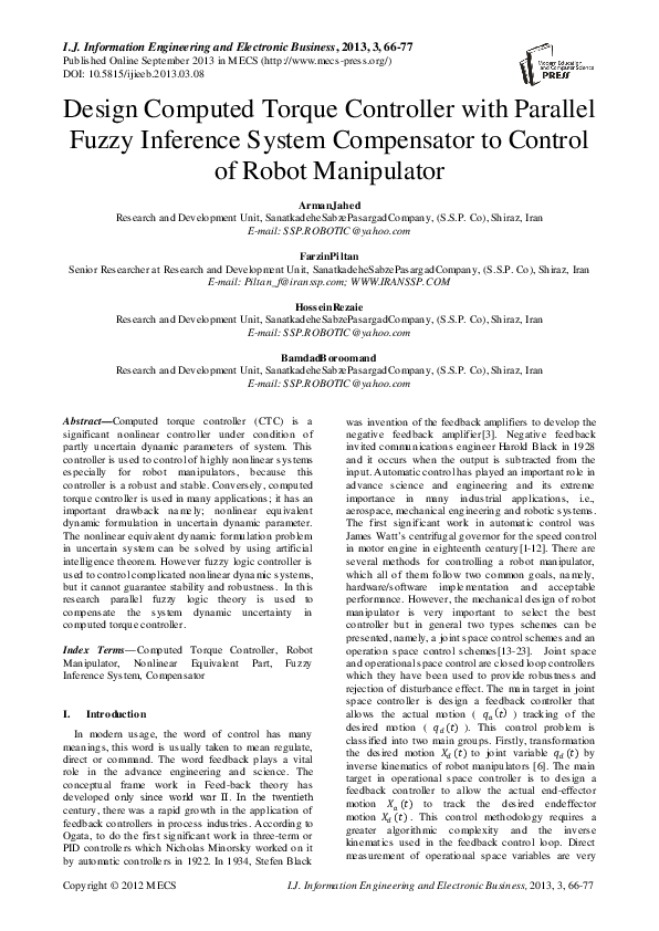 Pdf Design Computed Torque Controller With Parallel Fuzzy Inference System Compensator To