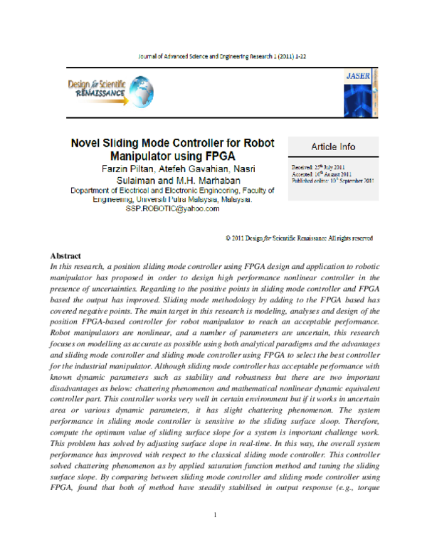 Pdf Novel Sliding Mode Controller For Robot Manipulator Using Fpga