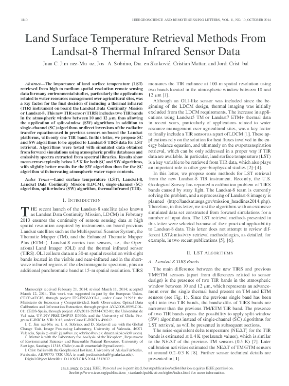 (PDF) Land Surface Temperature Retrieval Methods From Landsat-8 Thermal Infrared Sensor Data