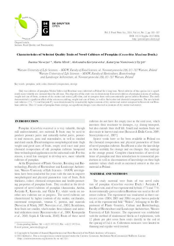 Characteristics of Selected Quality Traits of Novel Cultivars of ...