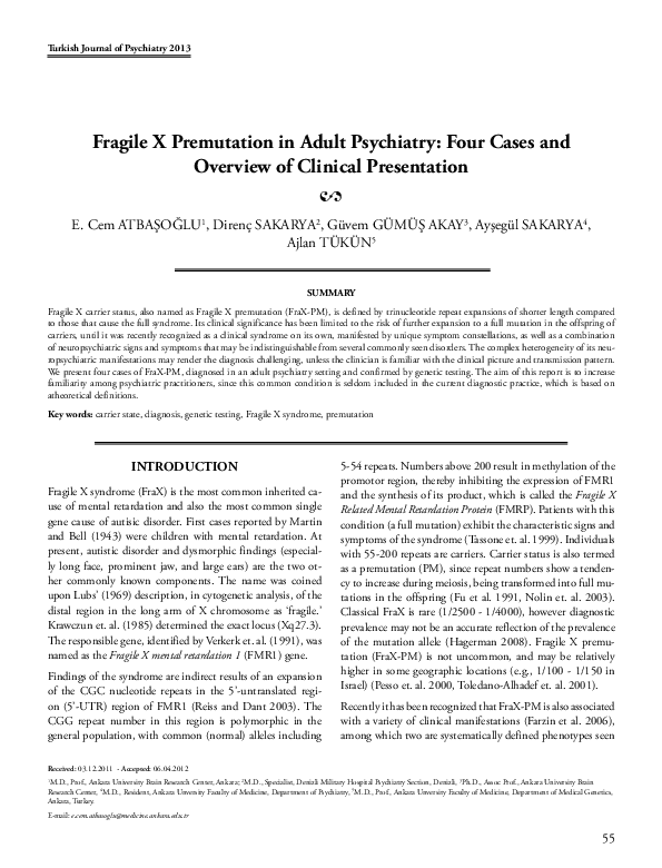 (PDF) Fragile X Premutation in Adult Psychiatry: Four Cases and Overview of Clinical Presentation 2