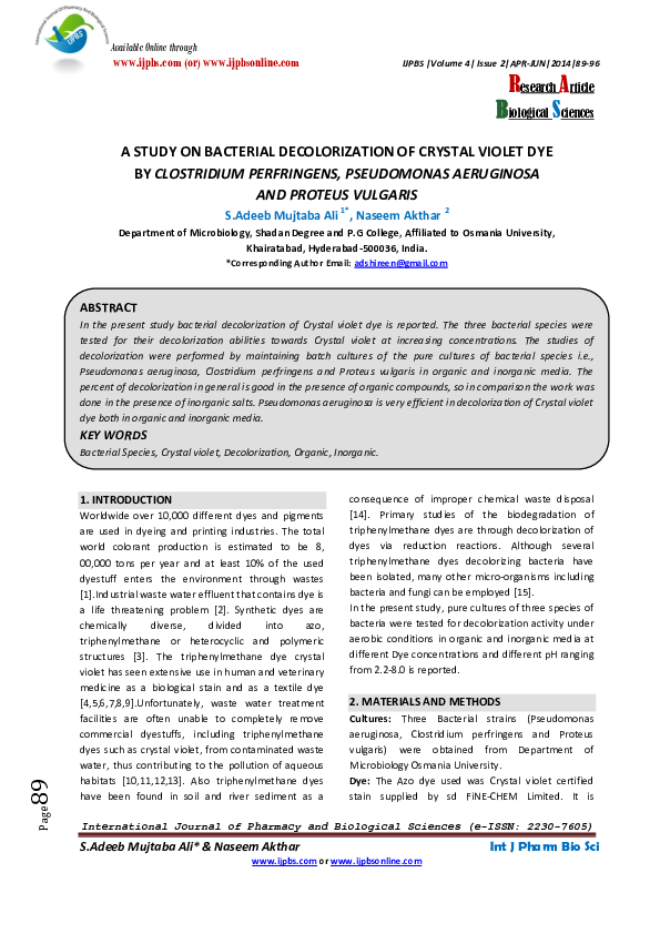 (PDF) A STUDY ON BACTERIAL DECOLORIZATION OF CRYSTAL VIOLET DYE BY CLOSTRIDIUM PERFRINGENS ...