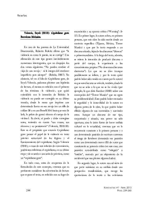 (PDF) Reseña: Capitalismo gore. (Sayak Valencia)