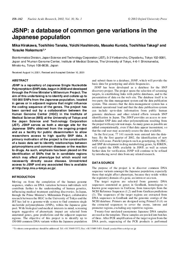 (PDF) JSNP: a database of common gene variations in the Japanese population