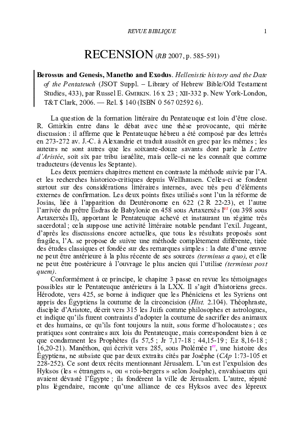(PDF) Russel E. Gmirkin, Berossus and Genesis, Manetho and Exodus ...