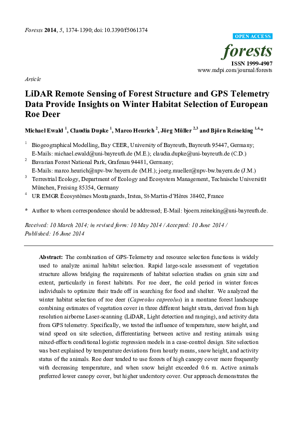 (PDF) LiDAR Remote Sensing of Forest Structure and GPS Telemetry Data for Roe Deer Habitat Use