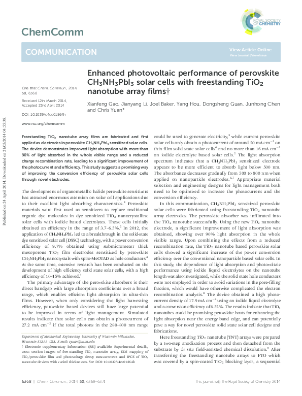 (PDF) Enhanced photovoltaic performance of perovskite CH3NH3PbI3 solar cells with freestanding ...