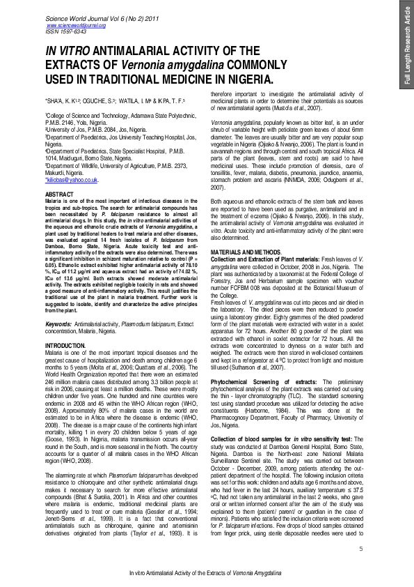 (PDF) IN VITRO ANTIMALARIAL ACTIVITY OF THE