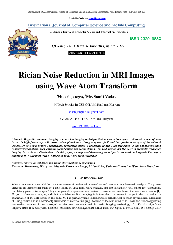(PDF) Rician Noise Reduction in MRI Images using Wave Atom Transform﻿