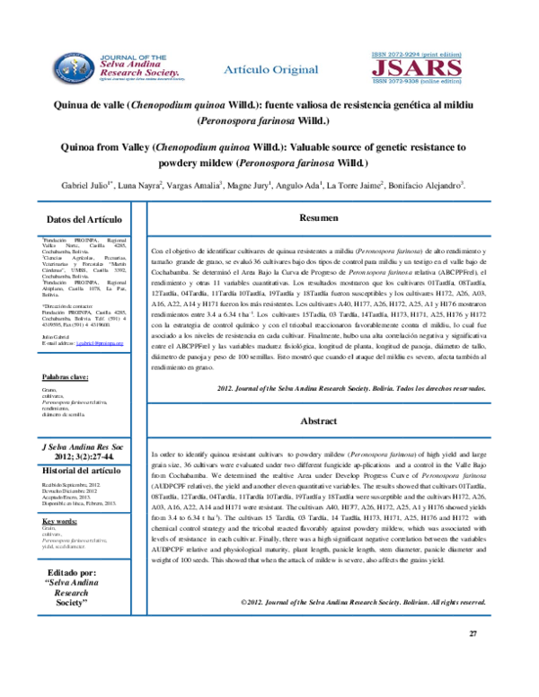 (PDF) Quinua de valle (Chenopodium quinoa Willd.): Fuente Valiosa de ...