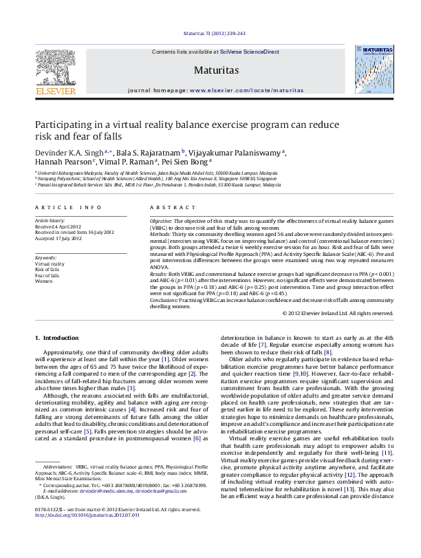 (PDF) Participating in a virtual reality balance exercise program can reduce risk and fear of falls