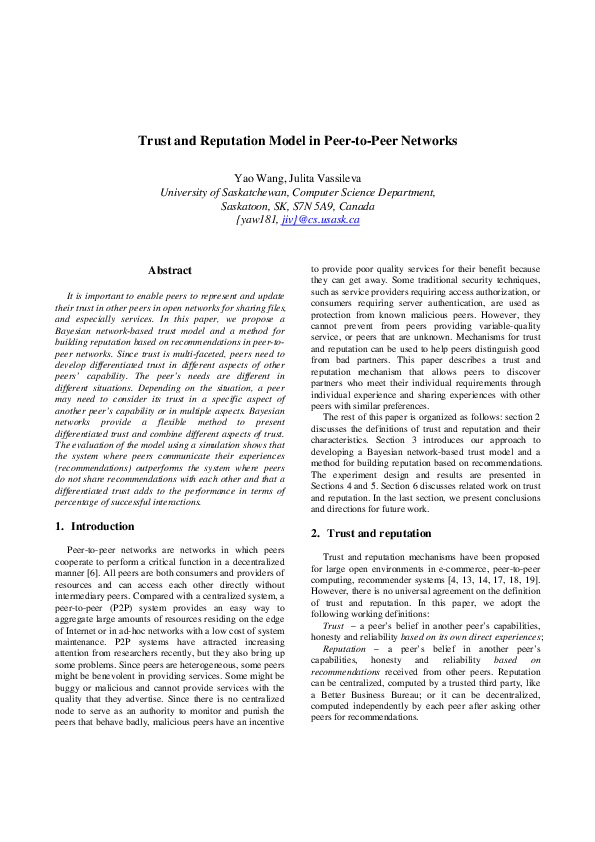 (PDF) Trust and Reputation Model in Peer-to-Peer Networks