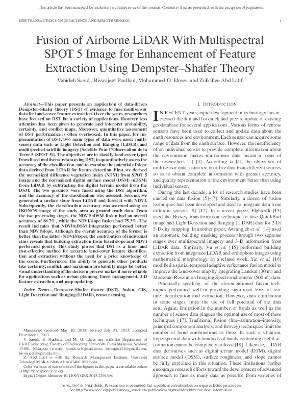 Pdf Fusion Of Airborne Lidar With Multispectral Spot 5 Image For Enhancement Of Feature