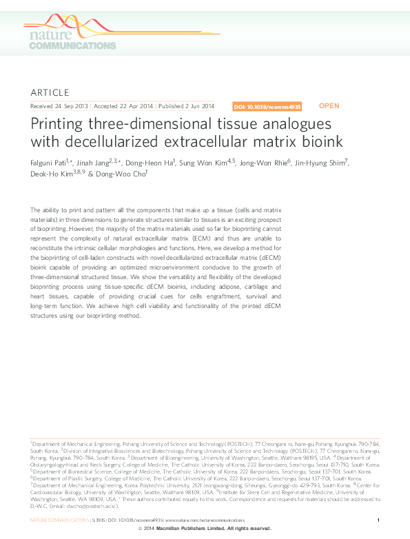 (PDF) Printing three-dimensional tissue analogues with decellularized extracellular matrix bioink