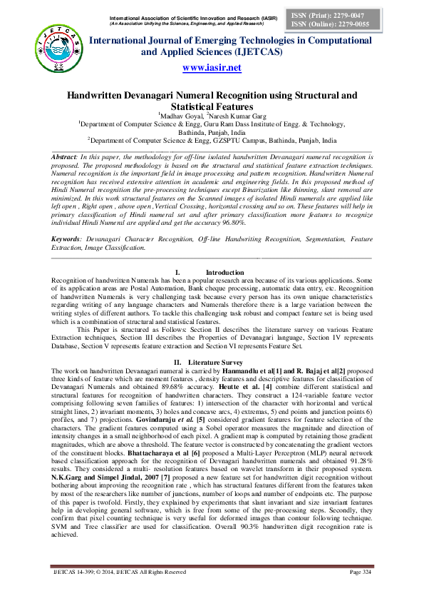 Pdf Handwritten Devanagari Numeral Recognition Using Structural And Statistical Features
