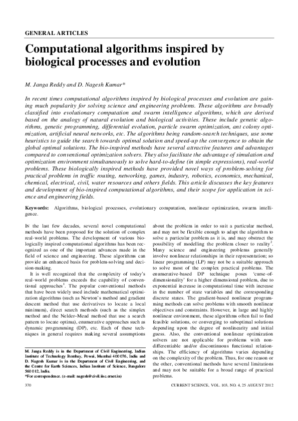 (PDF) Computational algorithms inspired by biological processes and evolution | D Nagesh Kumar ...