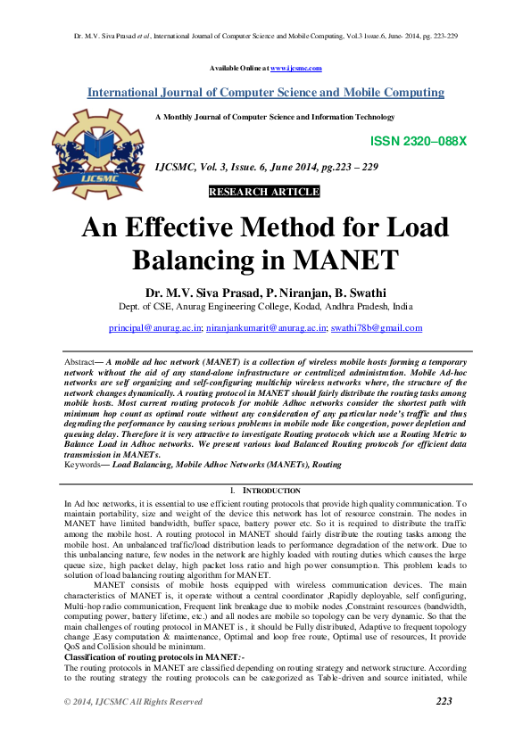 Pdf An Effective Method For Load Balancing In Manet﻿ Ijcsmc Journal