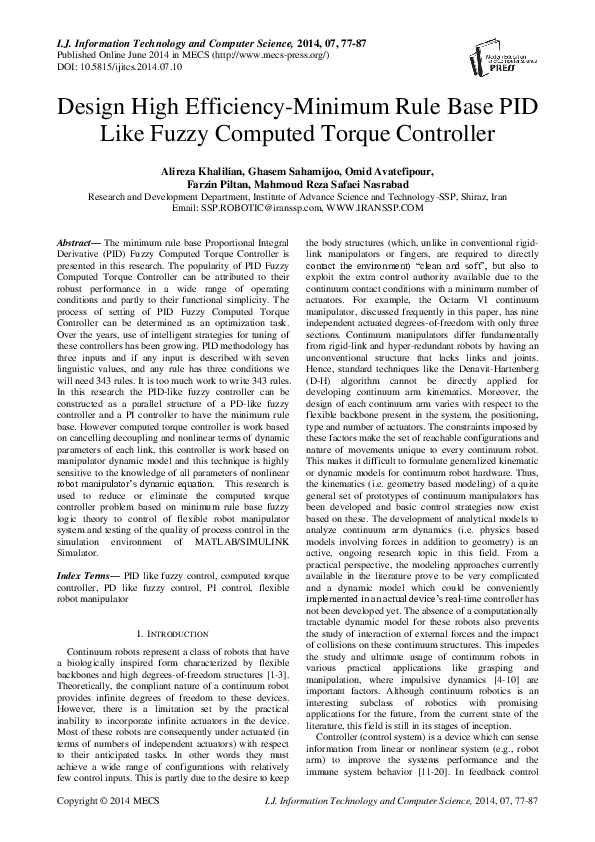 Pdf Design High Efficiency Minimum Rule Base Pid Like Fuzzy Computed Torque Controller