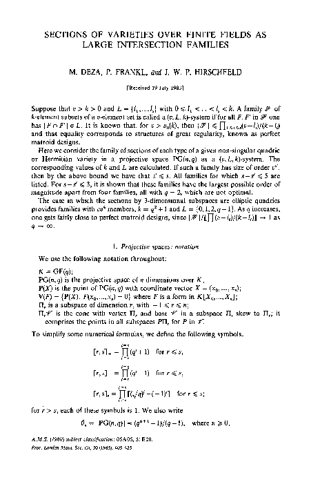 (PDF) SECTIONS OF VARIETIES OVER FINITE FIELDS AS LARGE INTERSECTION FAMILIES