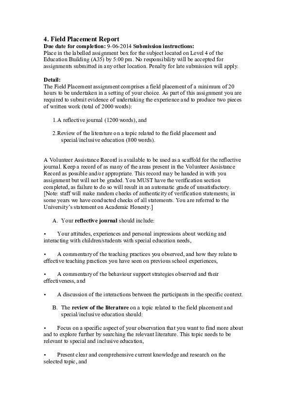 (DOC) Field Placement Report Criteria