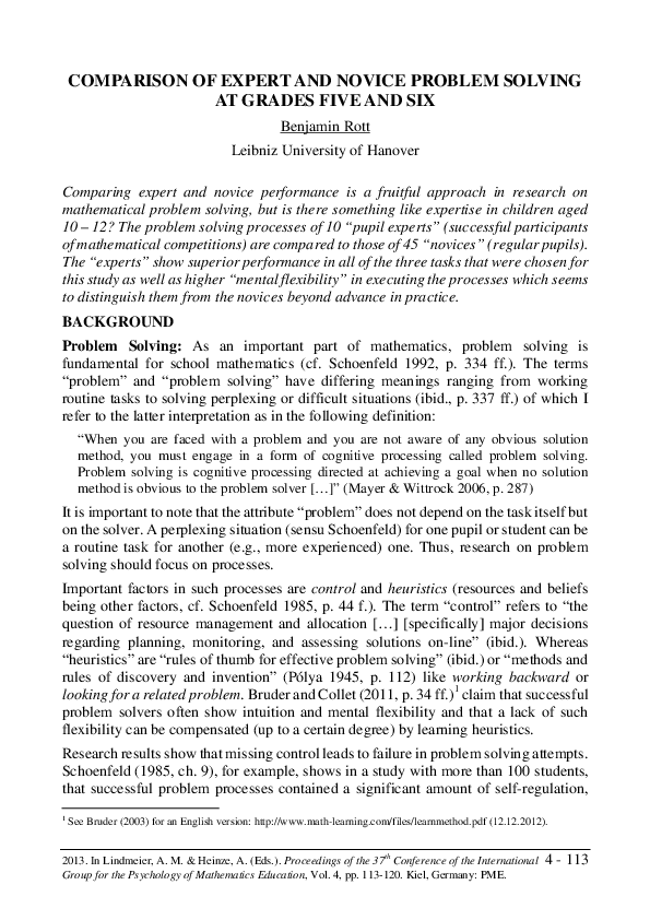 Comparison of Expert and Novice Problem Solving at Grades Five and Six