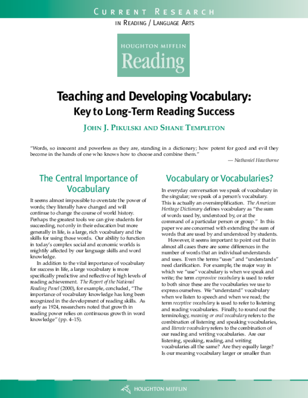 (PDF) Teaching and Developing Vocabulary: Key to Long-Term Reading Success