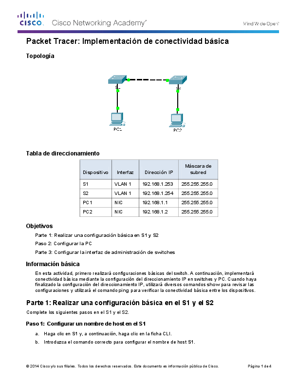(PDF) Packet Tracer: Implementación de conectividad básica Topología Tabla de direccionamiento