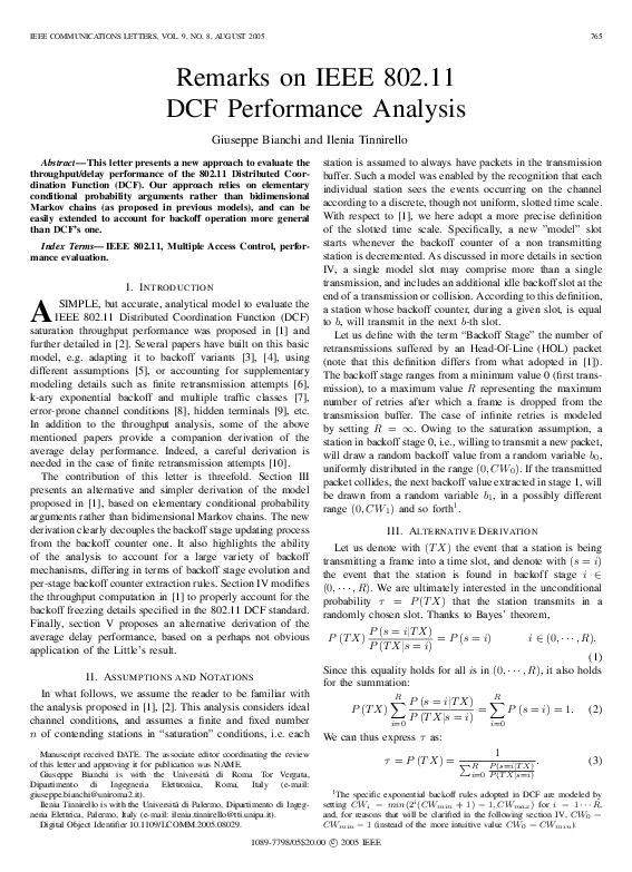 (PDF) Remarks on IEEE 802.11 DCF performance analysis