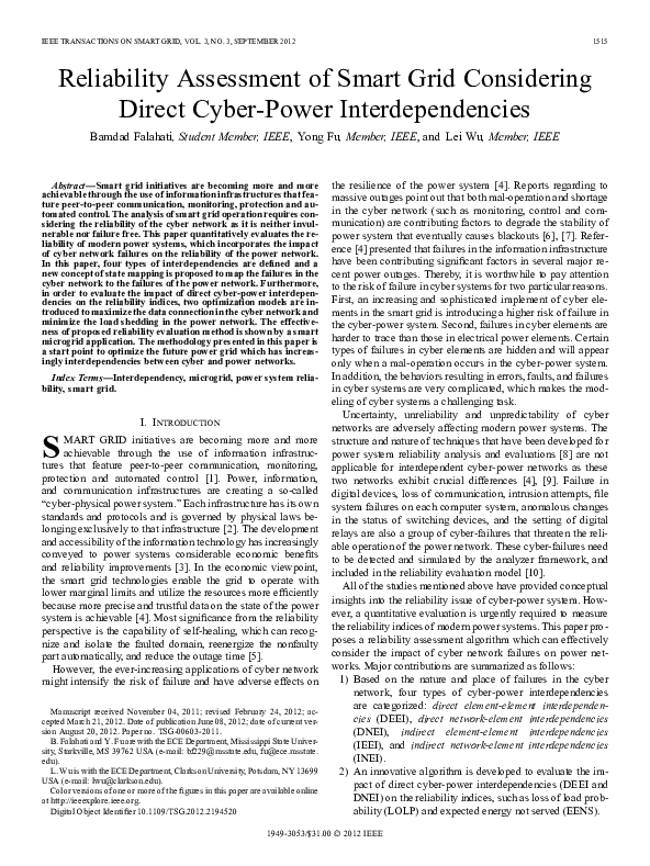 (PDF) Reliability Assessment of Smart Grid Considering Direct Cyber-Power Interdependencies