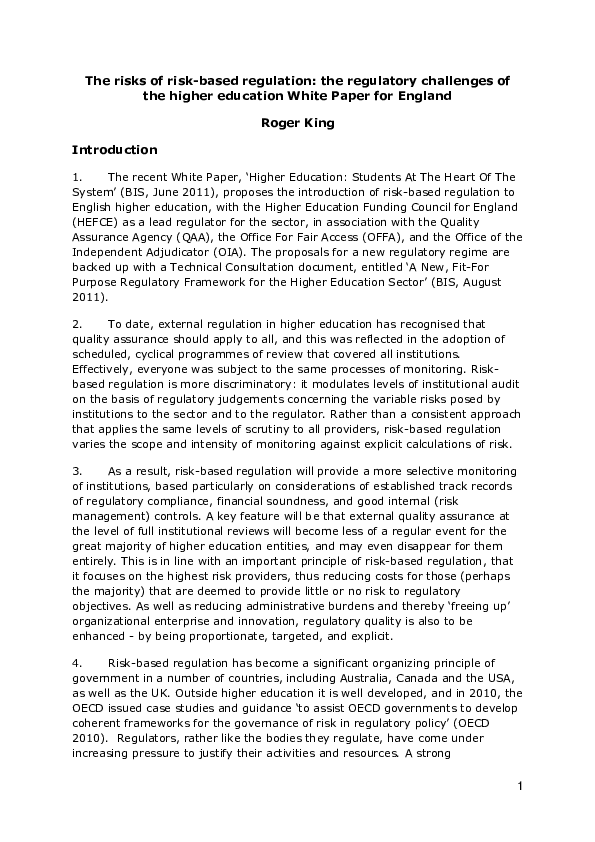 (PDF) The risks of risk-based regulation: the regulatory challenges of ...
