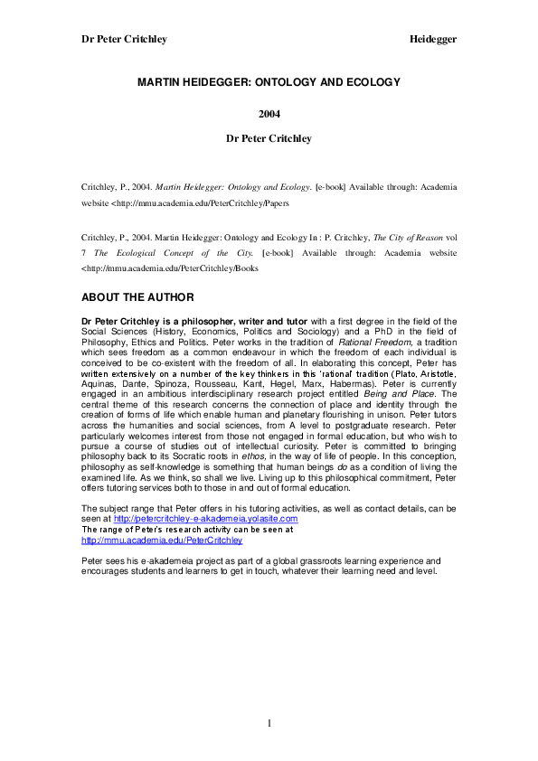(PDF) Martin Heidegger : Ontology and Ecology