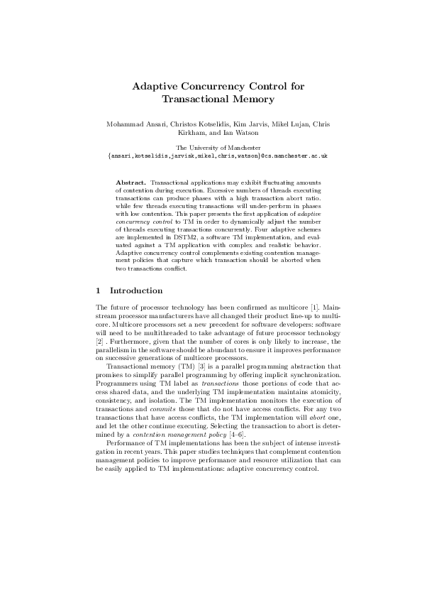 Pdf Adaptive Concurrency Control For Transactional Memory