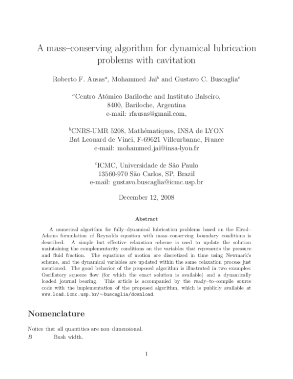Pdf A Mass Conserving Algorithm For Dynamical Lubrication Problems