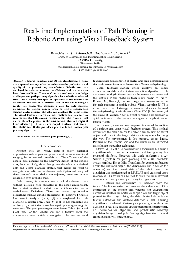 Pdf Real Time Implementation Of Path Planning In Robotic Arm Using Visual Feedback System