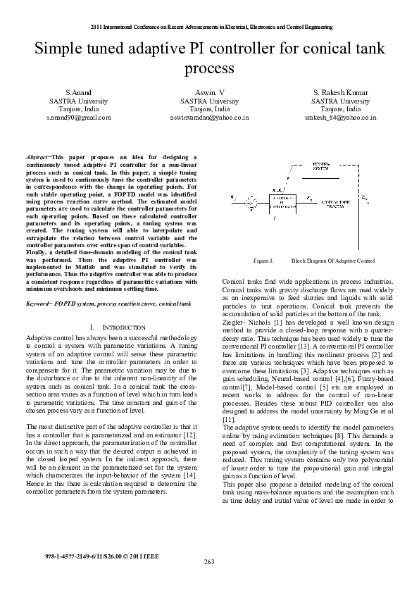 (PDF) Simple tuned adaptive PI controller for conical tank process