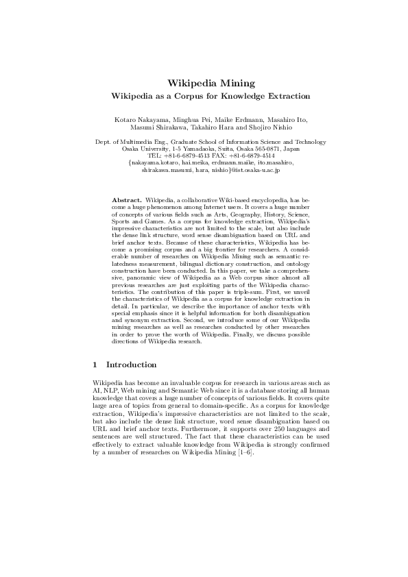 Pdf Wikipedia Mining Wikipedia As A Corpus For Knowledge Extraction