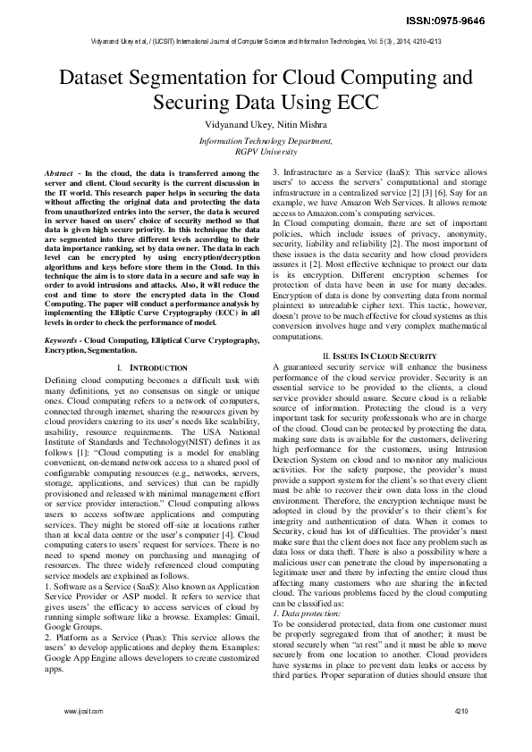 (PDF) Dataset Segmentation for Cloud Computing and Securing Data Using ECC