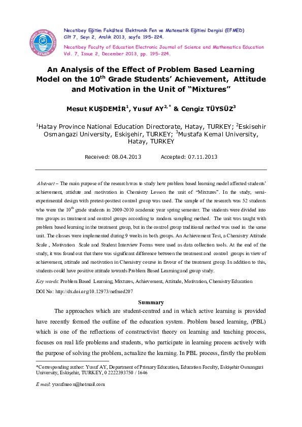 (PDF) An Analysis of the Effect of Problem Based Learning Model on the ...