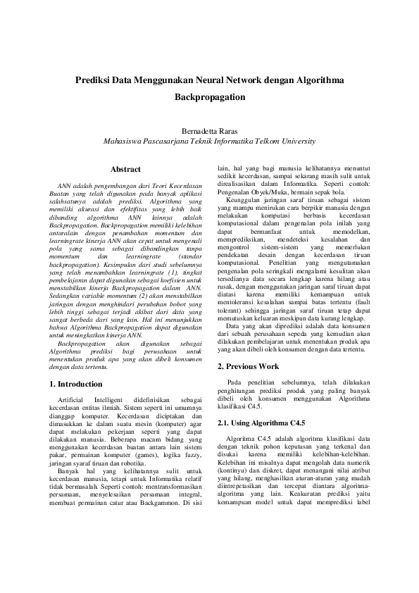 Pdf Prediksi Data Menggunakan Neural Network Dengan Algorithma Backpropagation