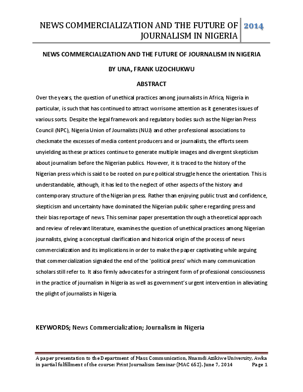 (PDF) NEWS COMMERCIALIZATION AND THE FUTURE OF JOURNALISM IN NIGERIA