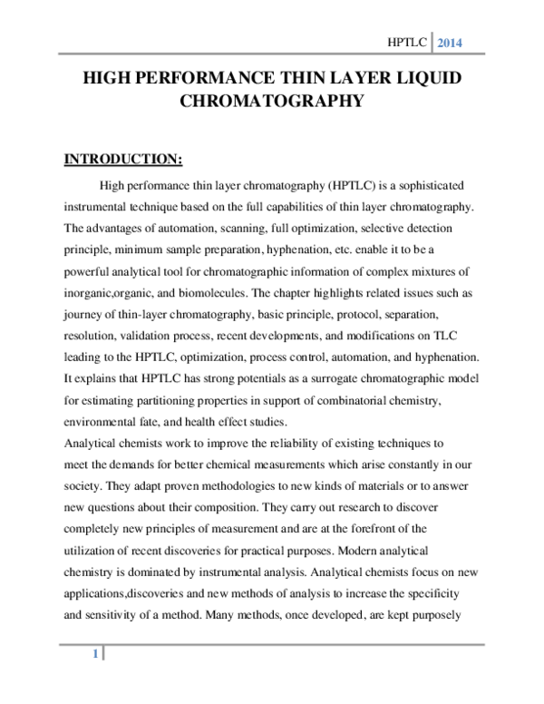 (DOC) HIGH PERFORMANCE THIN LAYER LIQUID CHROMATOGRAPHY