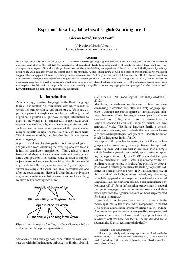 Experiments With Syllable Based English Zulu Alignment