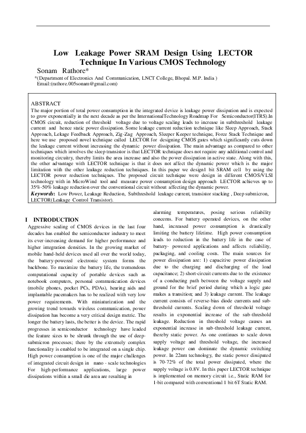 Doc Low Leakage Power Sram Design Using Lector Technique In Various Cmos Technology