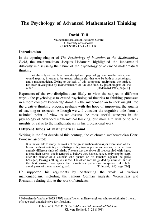 (PDF) The Psychology of Advanced Mathematical Thinking | David Tall ...